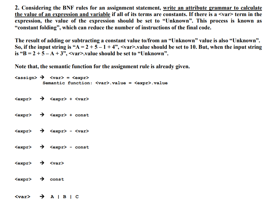 Solved 2. Considering the BNF rules for an assignment | Chegg.com