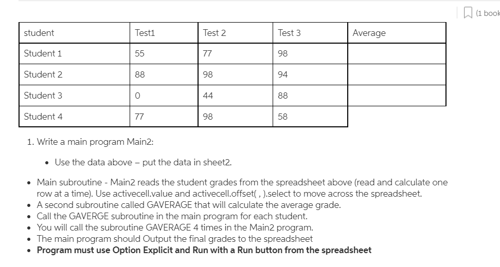 Solved (1 book student Test1 Test 2 Test 3 Average Student 1 | Chegg.com