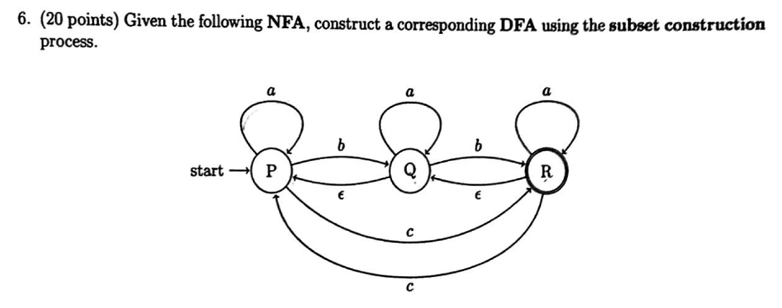 Solved 6. (20 points) Given the following NFA, construct a | Chegg.com