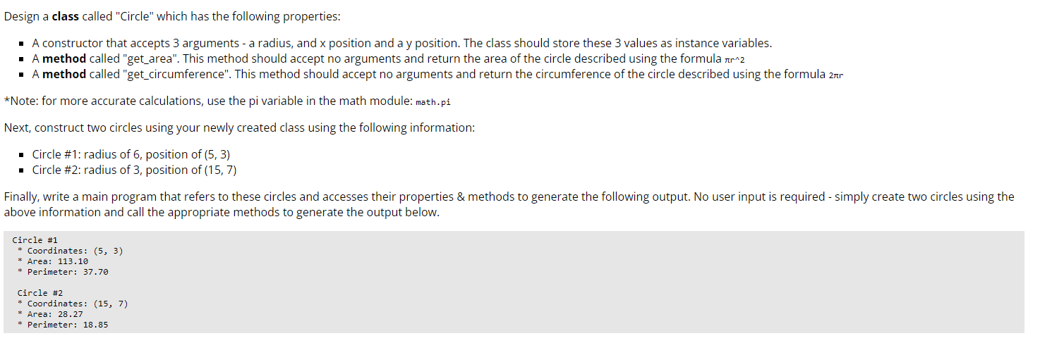 Solved Design a class called "Circle" which has the | Chegg.com