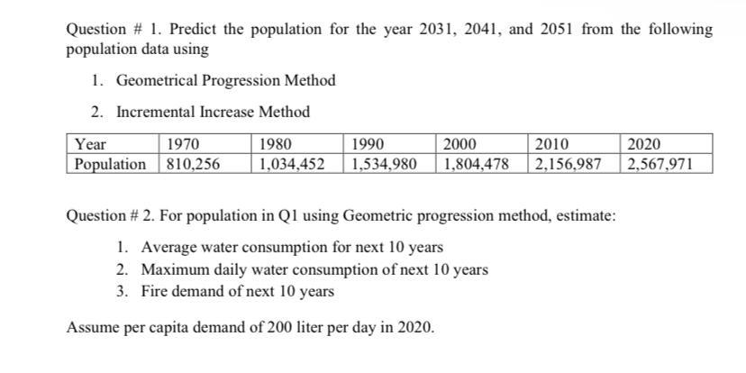 Solved Question # 1. Predict the population for the year | Chegg.com