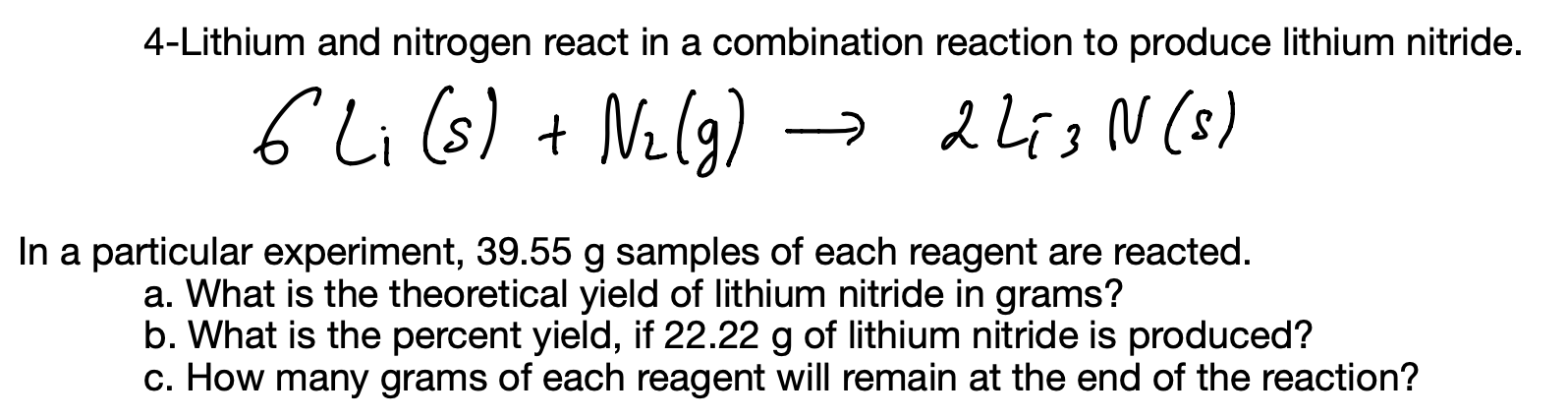 Solved 4-Lithium and nitrogen react in a combination | Chegg.com