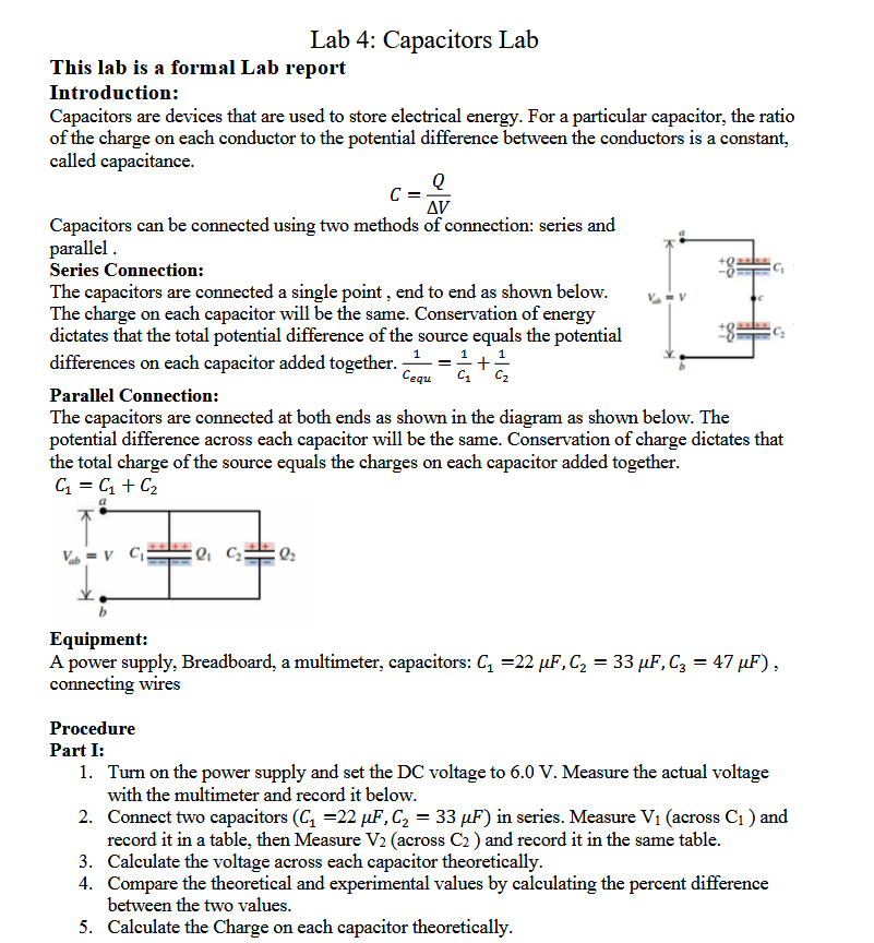 Solved Lab 4: Capacitors LabThis lab is a formal Lab | Chegg.com