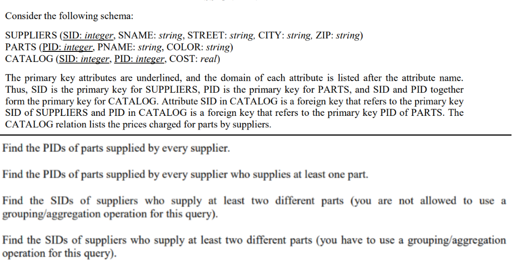 Consider the following schema: SUPPLIERS (SID: | Chegg.com