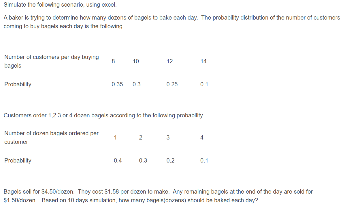 Solved Simulate the following scenario, using excel. A baker | Chegg.com