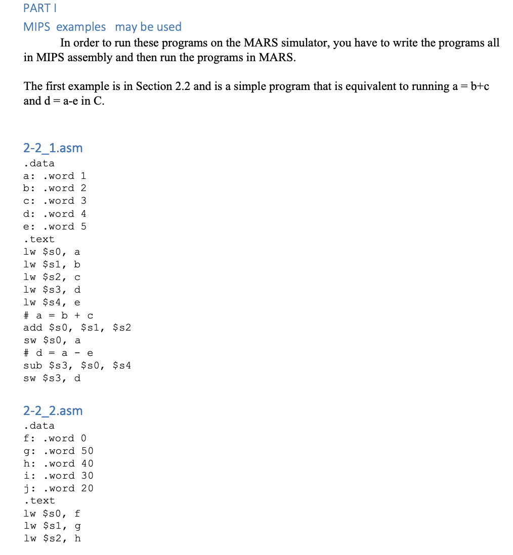 PARTI MIPS examples may be used In order to run these | Chegg.com