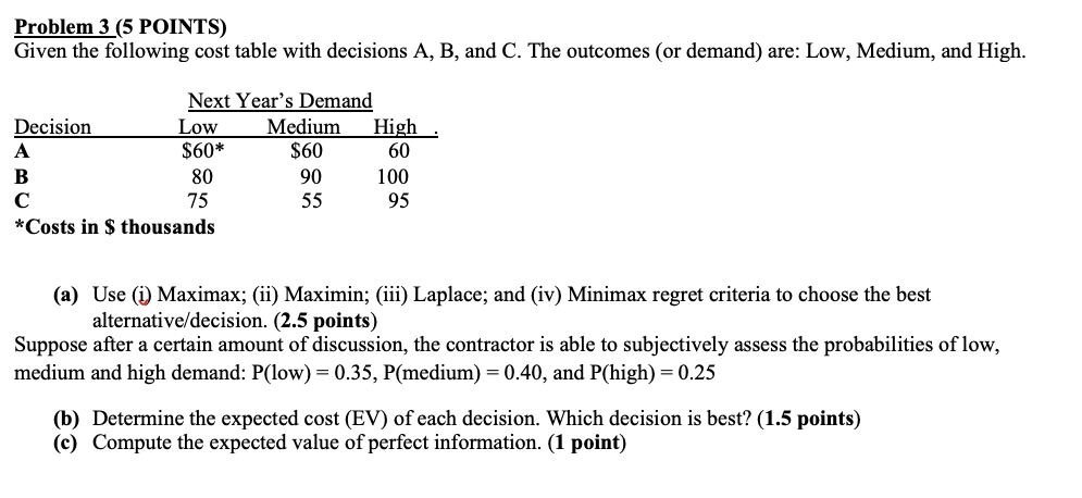 Solved Problem 3 (5 POINTS) Given the following cost table | Chegg.com