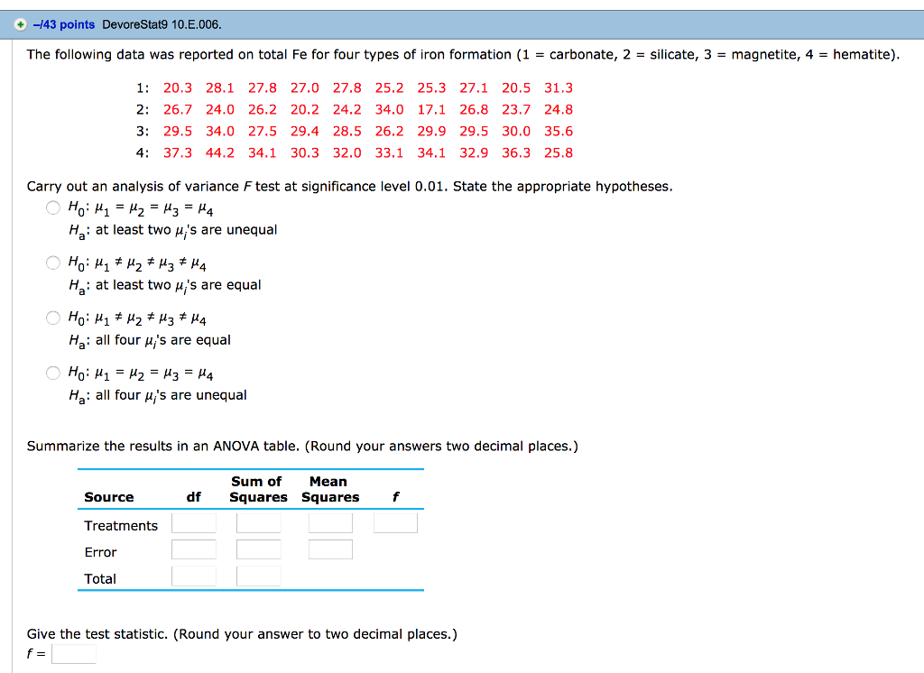 Solved -143 points DevoreStat9 10.E.006 The following data | Chegg.com
