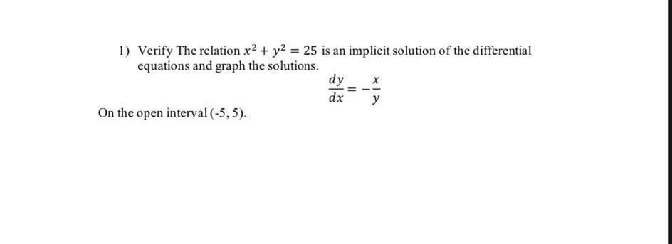 Solved 1) Verify The relation x2+y2=25 is an implicit | Chegg.com