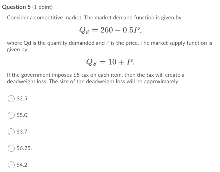 Solved Question 5 (1 point) Consider a competitive market. | Chegg.com