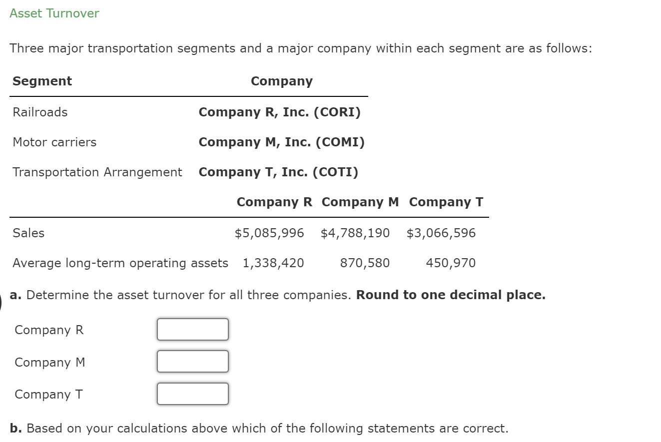 Solved Asset Turnover Three major transportation segments | Chegg.com