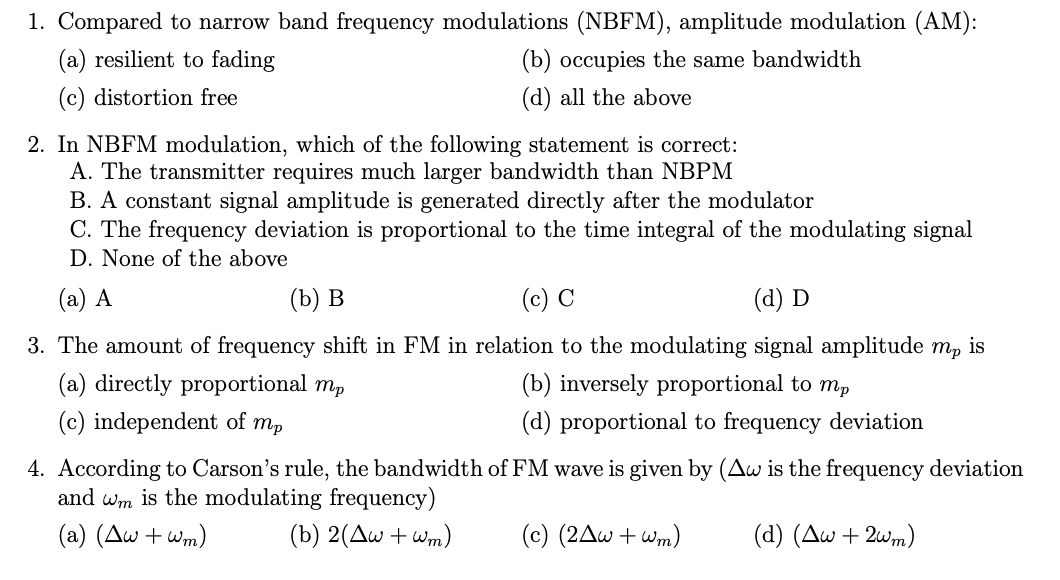 Solved 1. Compared to narrow band frequency modulations | Chegg.com