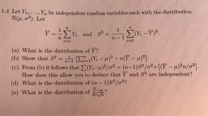 Solved 1.4 Let Y1,... , Yn be independent random variables | Chegg.com