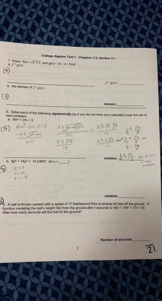 Solved College Algebra Test 1 Chapters 1-2, Section 3.1 7. | Chegg.com