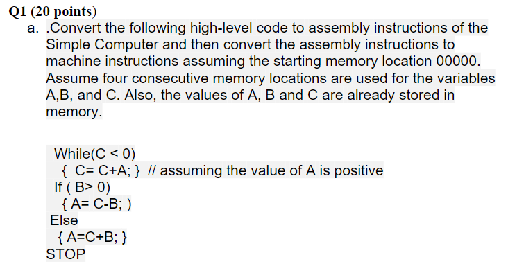 Solved a. .Convert the following high-level code to assembly | Chegg.com
