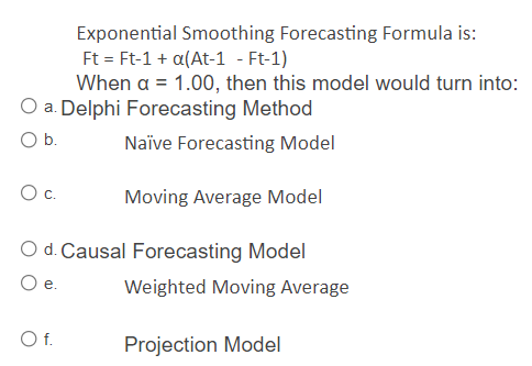 Solved Exponential Smoothing Forecasting Formula is: Ft = | Chegg.com