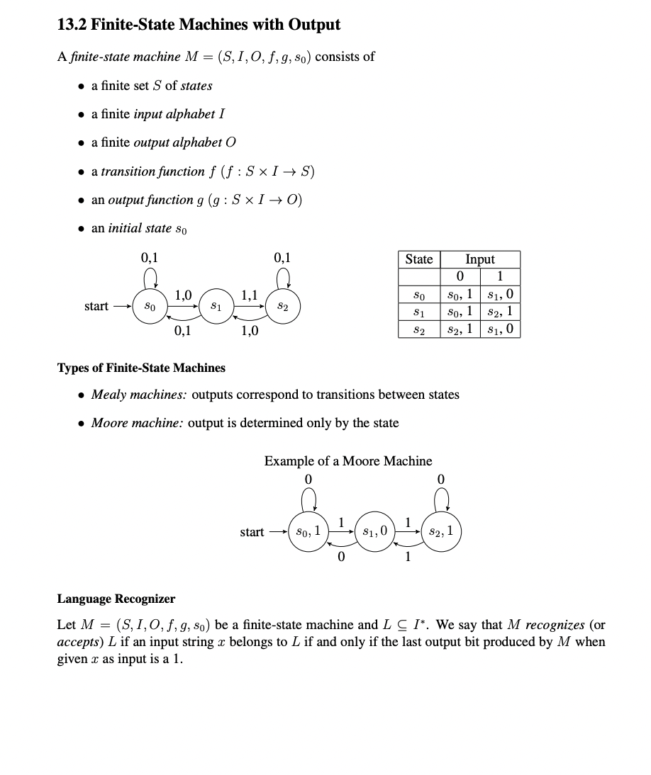 Solved 13.2 Finite-State Machines with Output A finite-state | Chegg.com