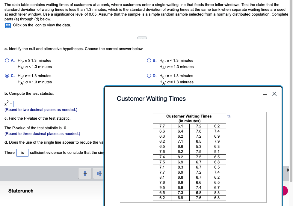 Solved The data table contains waiting times of customers at | Chegg.com