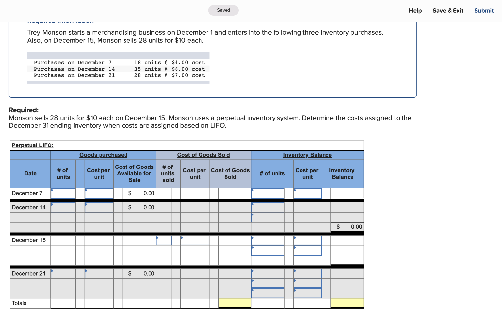 Solved Saved Help Save & Exit Submit Trey Monson starts a | Chegg.com
