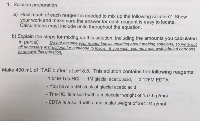 Solved 1 Solution Preparation A How Much Of Each Reagent 