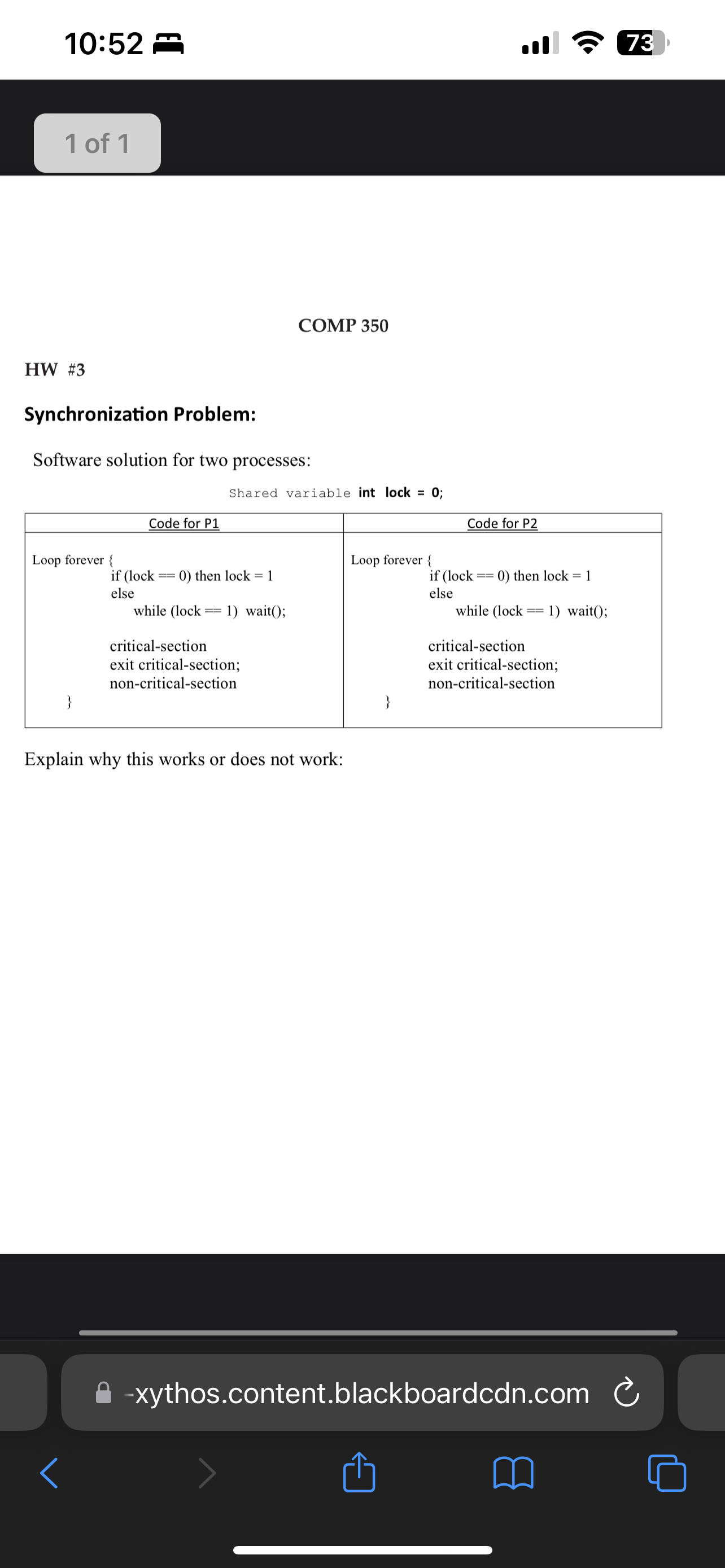 Solved 10:52 m 73 1 of 1 COMP 350 HW #3 Synchronization | Chegg.com