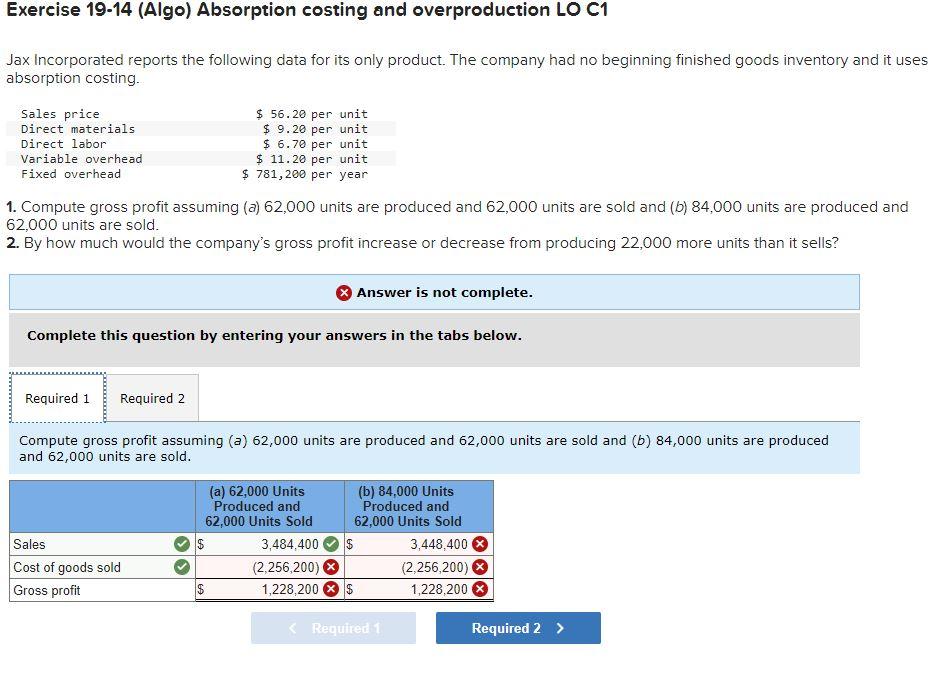 Solved Exercise 19-14 (Algo) Absorption costing and | Chegg.com