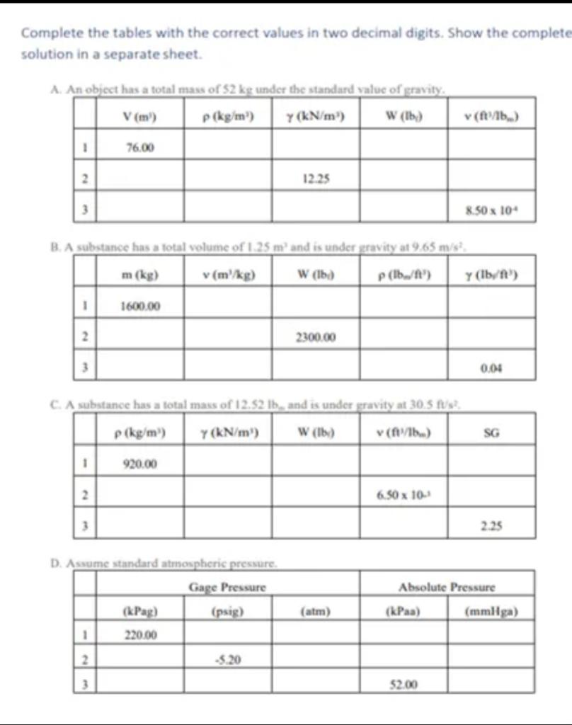 Solved Complete the tables with the correct values in two | Chegg.com