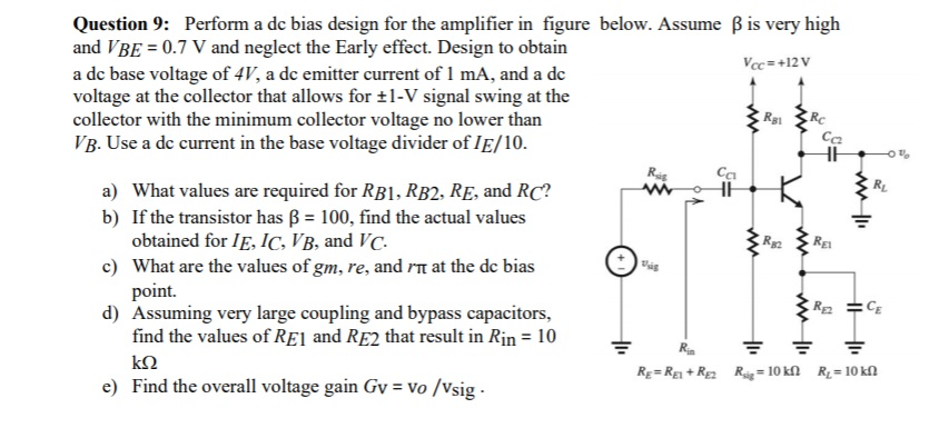 Solved Question 9: Perform a dc bias design for the | Chegg.com