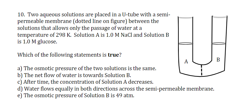 Solved 10. Two aqueous solutions are placed in a U-tube with | Chegg.com