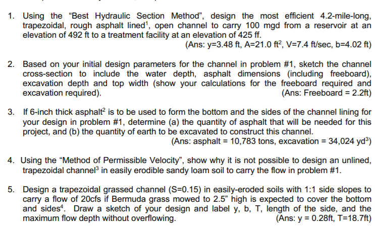 Solved 1. Using the “Best Hydraulic Section Method", design | Chegg.com