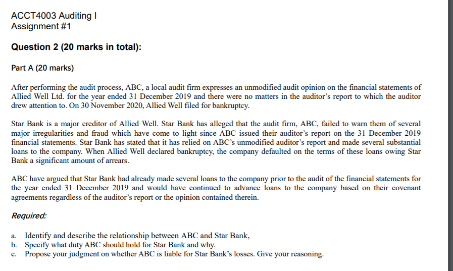 Solved ACCT4003 Auditing Assignment #1 Question 2 (20 marks | Chegg.com
