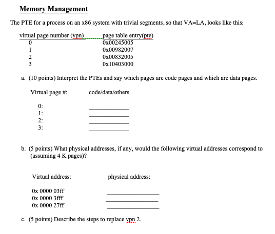 Memory Management The PTE for a process on an x86 | Chegg.com