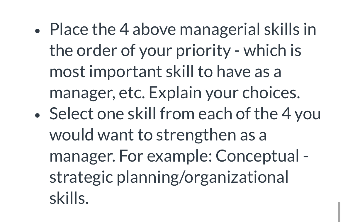 Solved Place the 4 ﻿above managerial skills inthe order of | Chegg.com