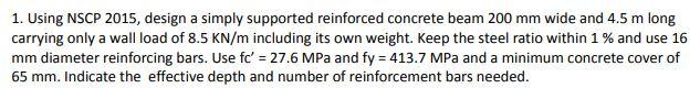 Solved 1. Using NSCP 2015, design a simply supported | Chegg.com