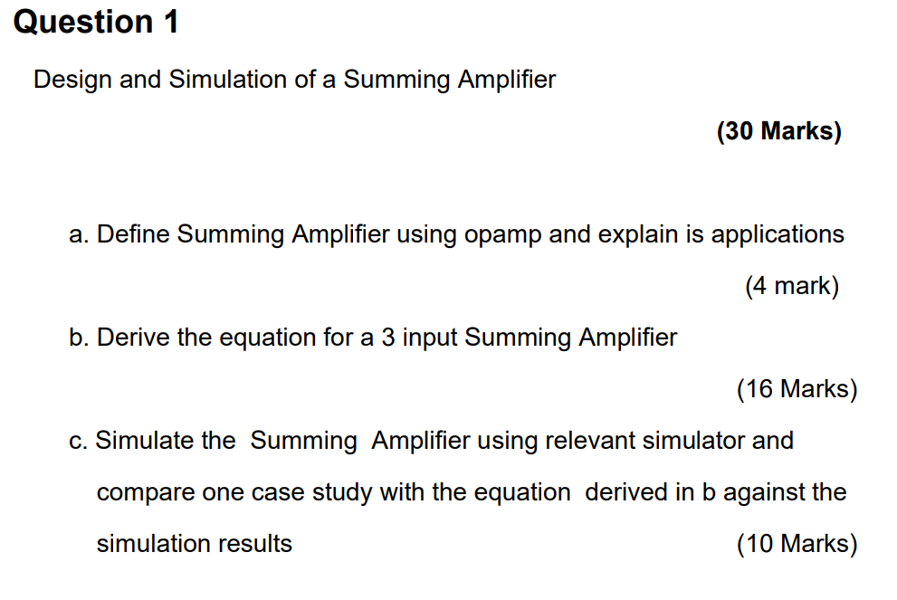 Solved Question 1 Design and Simulation of a Summing | Chegg.com