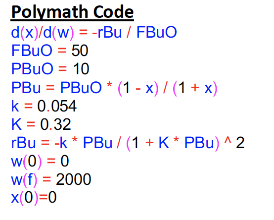 Solved Polymath Code d(x)/d(w)=−rBu/FBuO FBuO =50 PBuO =10 | Chegg.com