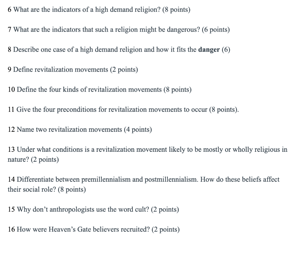 Solved 6 What are the indicators of a high demand religion? | Chegg.com