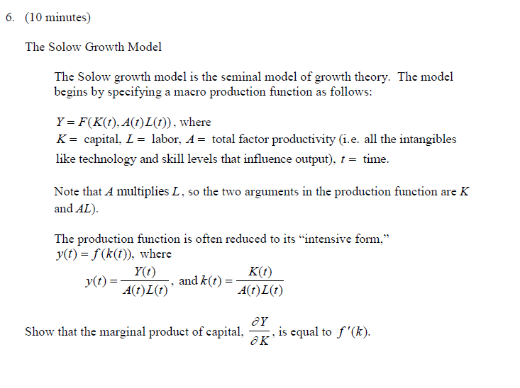 Solved 6. (10 minutes) The Solow Growth Model The Solow | Chegg.com