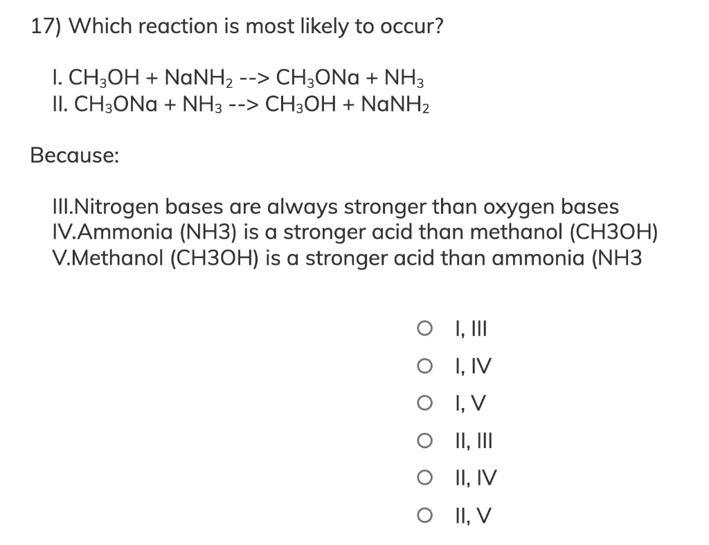 Solved 17) Which reaction is most likely to occur? 1. CH3OH | Chegg.com