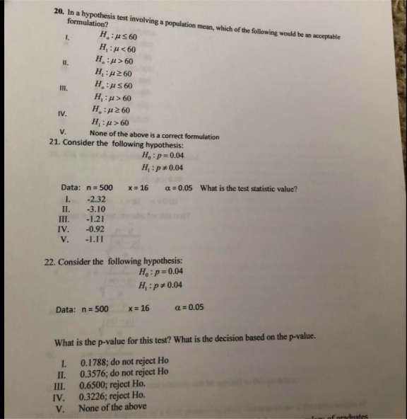 Solved 20. In a hypothesis test involving a population mean, | Chegg.com