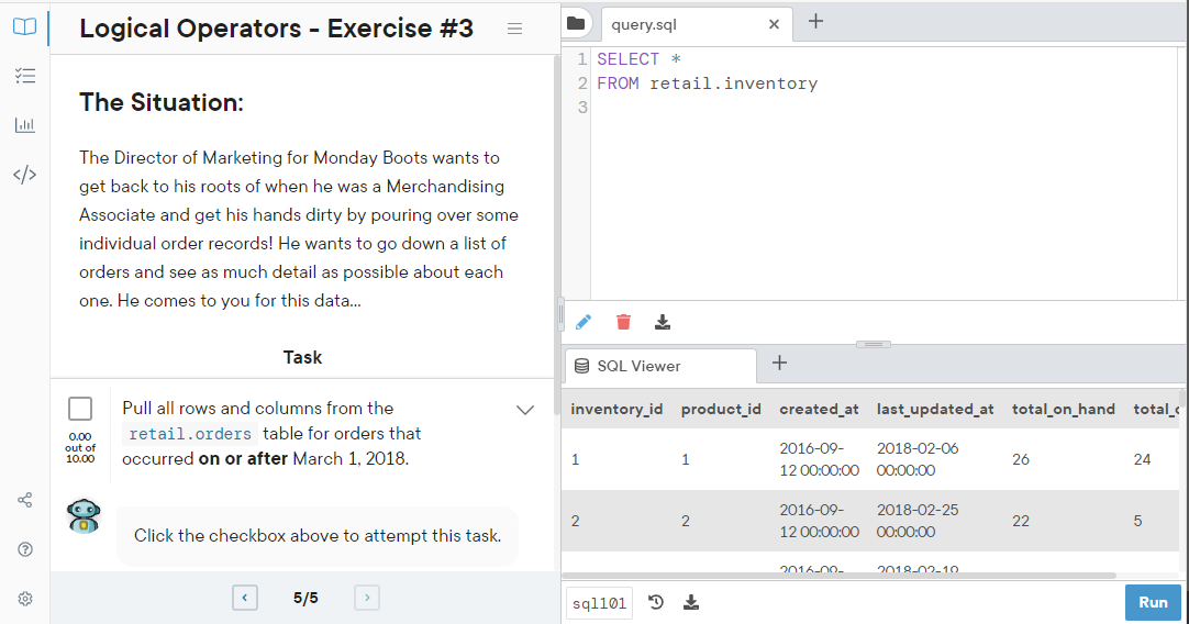 Solved m X + Logical Operators - Exercise #3 query.sql 1 | Chegg.com