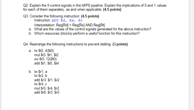 Solved Q2. Explain the 9 control signals in the MIPS | Chegg.com
