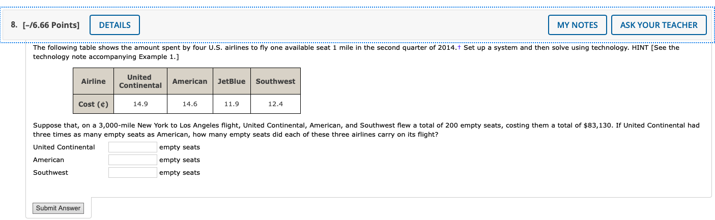 Solved three times as many empty seats as American, how many | Chegg.com