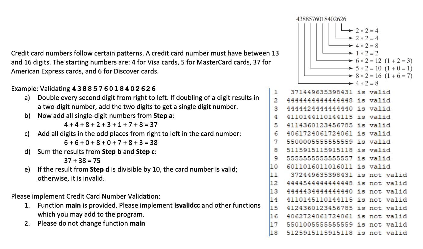 Solved Please implement a credit card number validation | Chegg.com