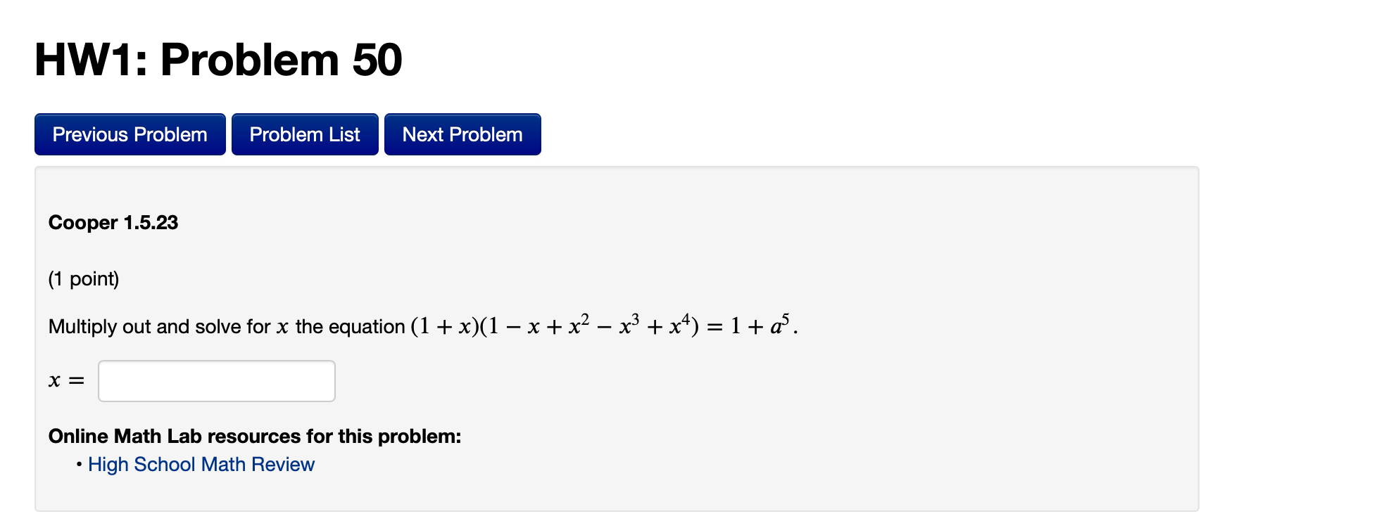 Solved HW1: Problem 50 Previous Problem Problem List Next | Chegg.com Solved HW1: Problem 50 Previous Problem Problem List Next | Chegg.com