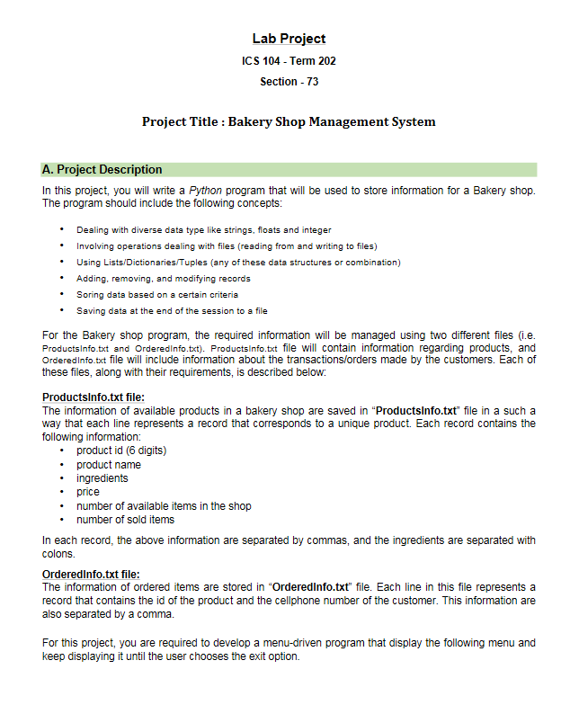 Solved Project Title : Bakery Shop Management System Note: | Chegg.com