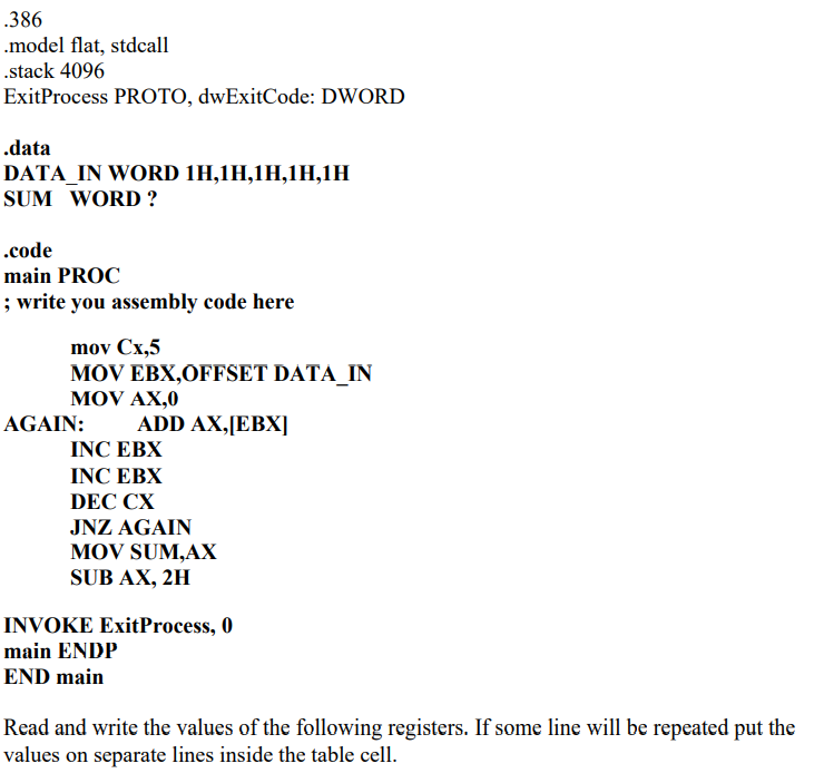 Solved .386 .model flat, stdcall .stack 4096 ExitProcess | Chegg.com