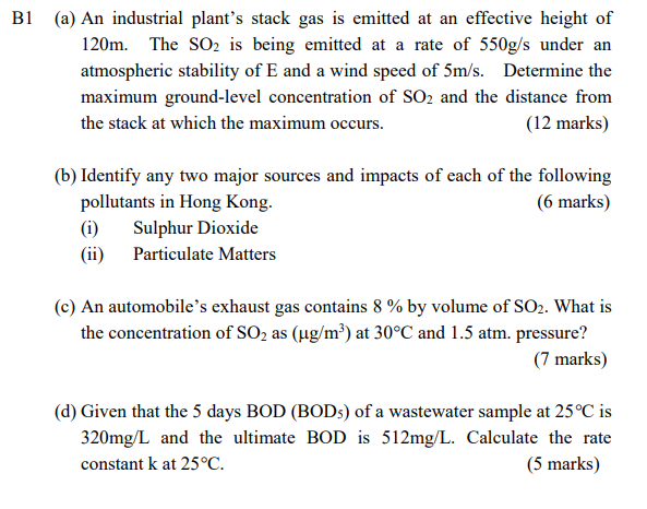 Solved B1 (a) An industrial plant's stack gas is emitted at | Chegg.com