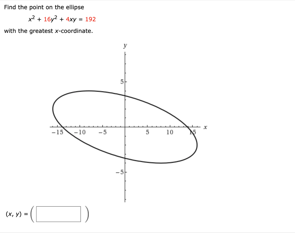 Solved Find the point on the ellipse x2 + 16y2 + 4xy = 192 | Chegg.com