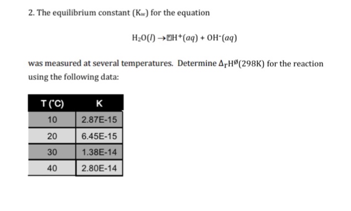 Solved 2. The equilibrium constant (Kw) for the equation | Chegg.com